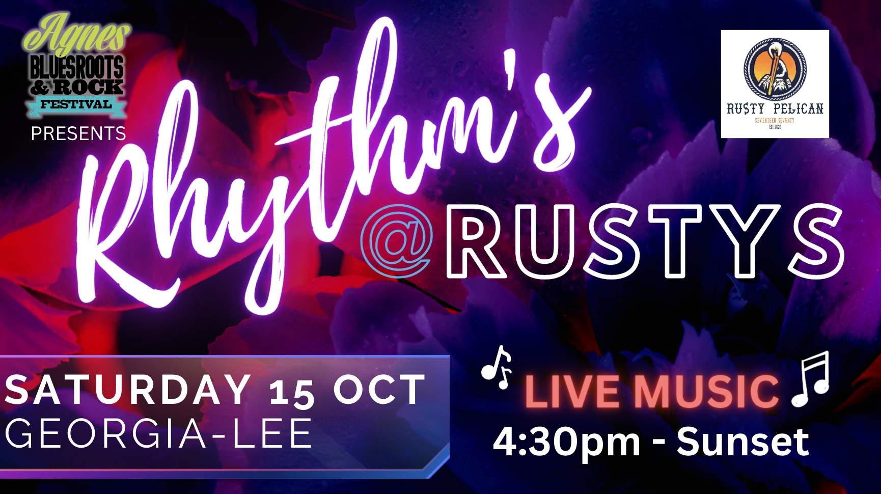 LIVE MUSIC AND STUNNING SUNSETS WITH RHYTHM’S @ RUSTY’S | Agnes Blues ...